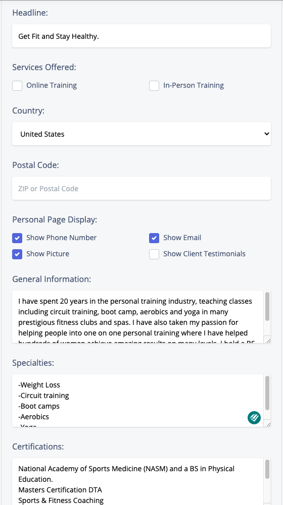 Personal Trainer Page on FitSW.com