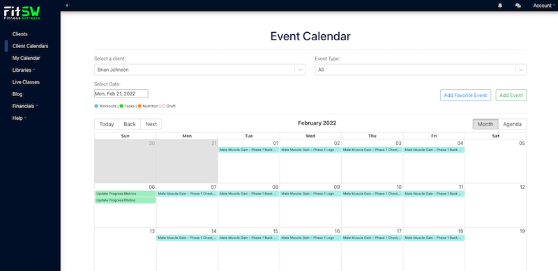 Personal Training Client Calendar Feature