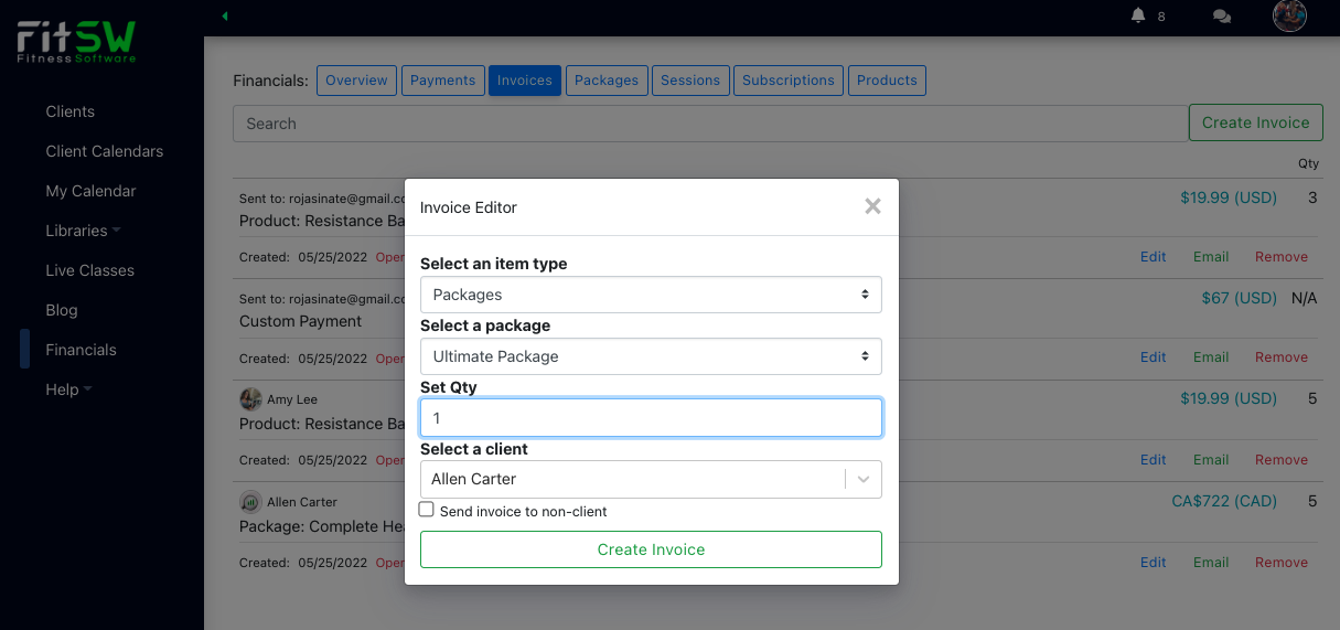 Personal Training Invoices Feature